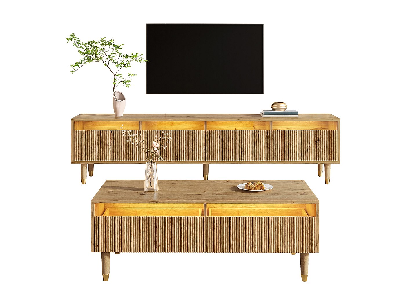 Ensemble de meuble TV avec 4 tiroirs + table basse avec 2 tiroirs - avec Leds - MDF - naturel