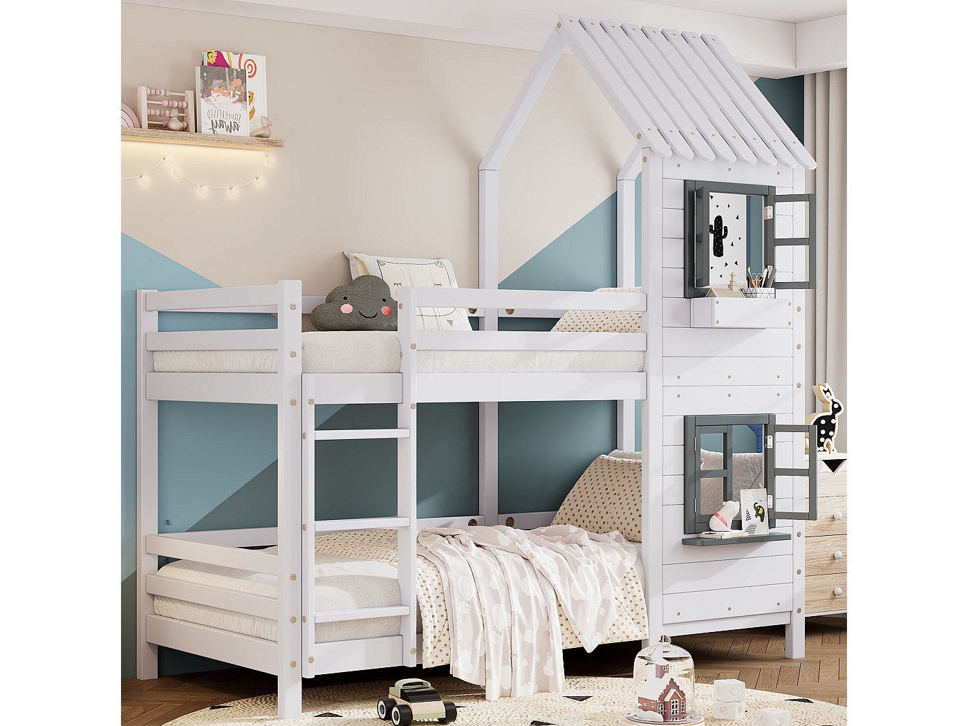 Letto a castello bianco per bambini 90x200cm con scale, finestre e ...