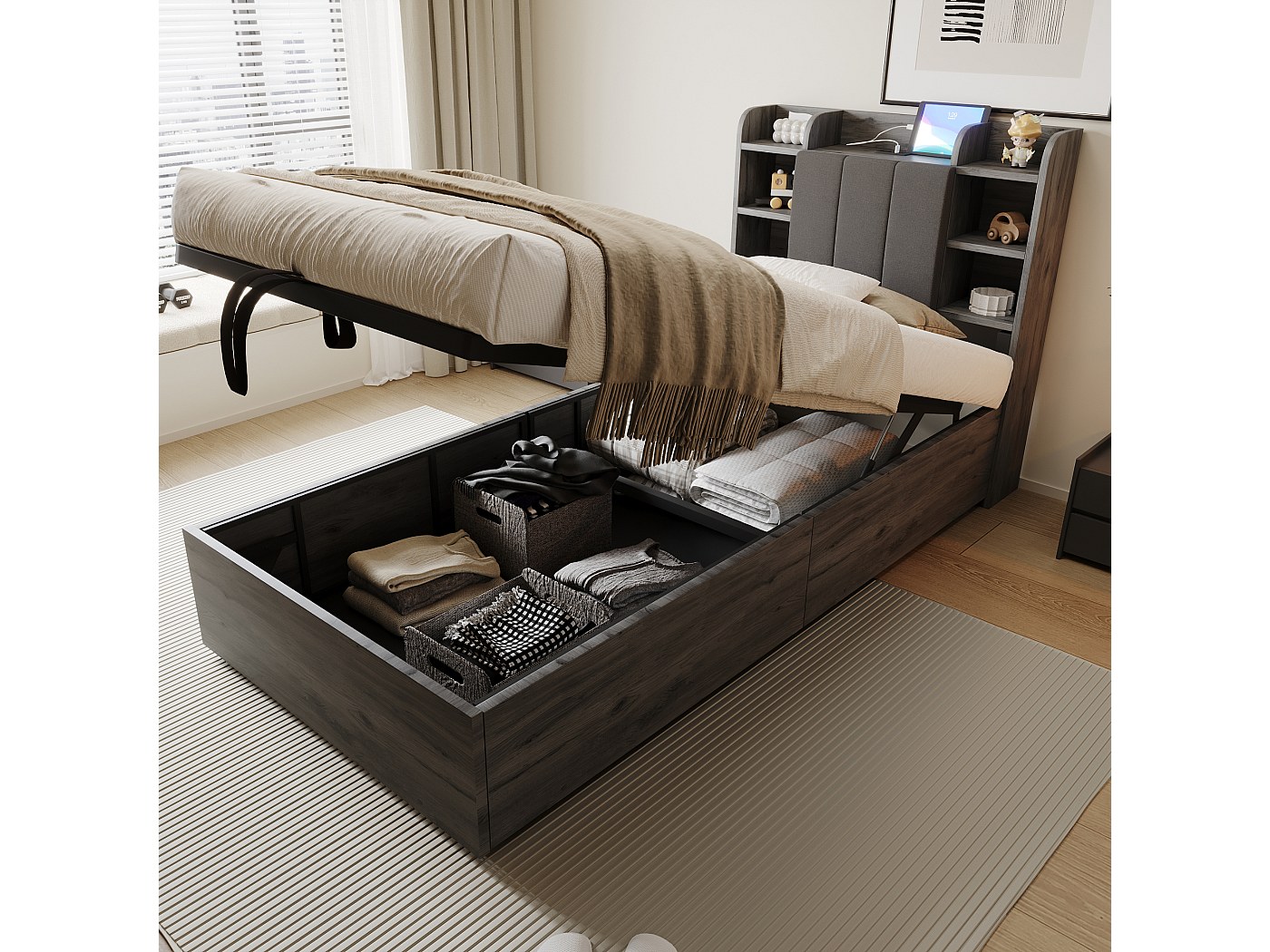 Lit coffre simple gris 90x200cm avec USB et Type-C, tête de lit avec ...