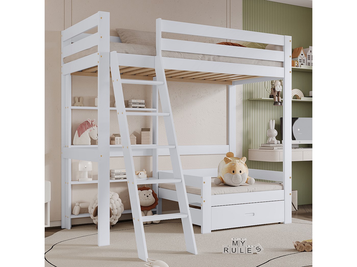 Letto a soppalco bianco per bambini 90x200cm con cassetto, scale ...