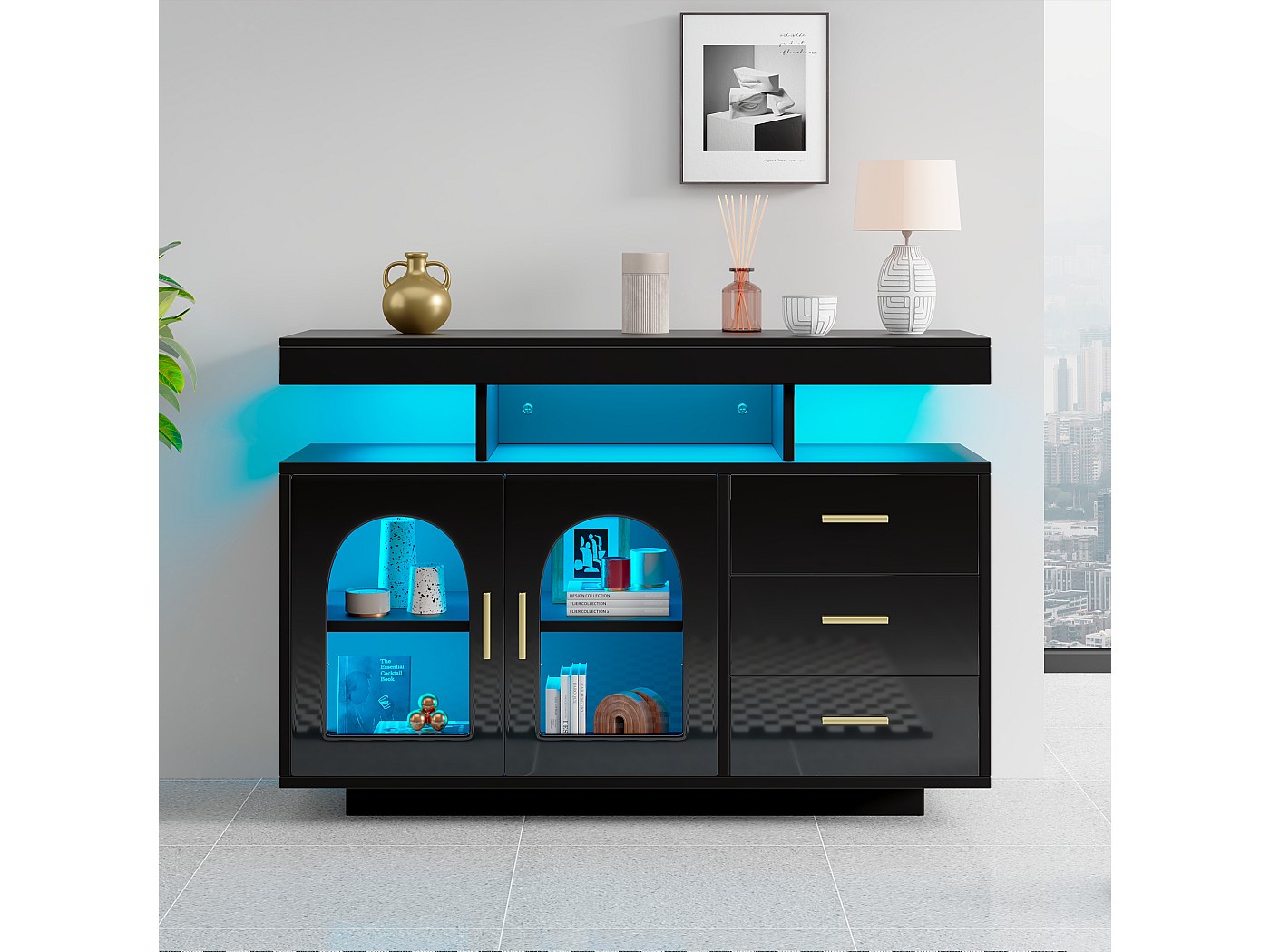 Zwarte dressoir met LED-verlichting, 2 deuren en 3 lades, 120x40x80cm
