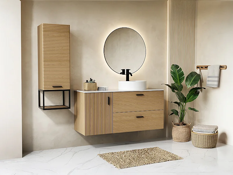 Meuble de salle de bain suspendu strié avec vasque à poser et colonne ...