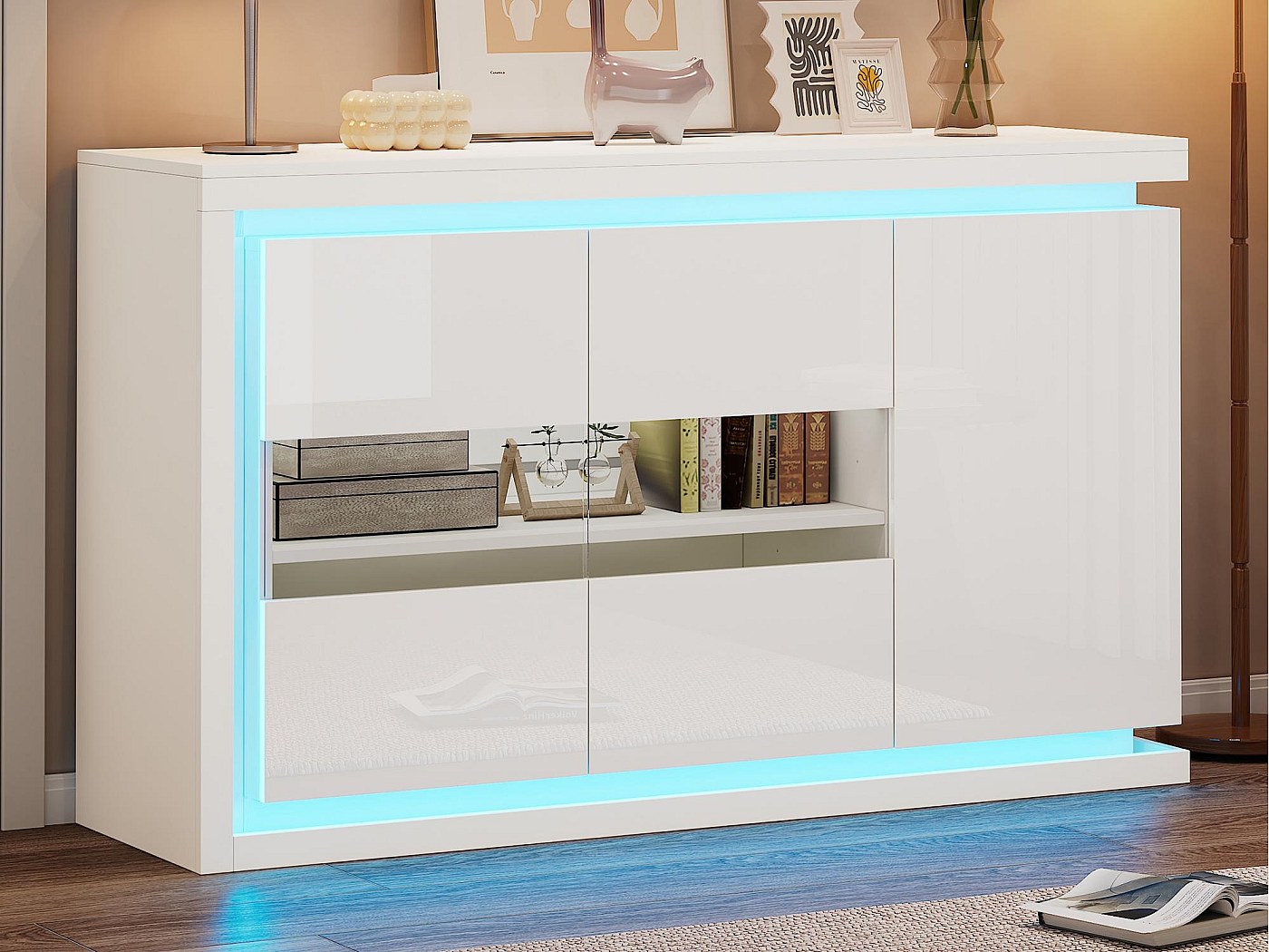Buffet haut brillant 140×40×84 cm - 3 portes - avec éclairage LED ...