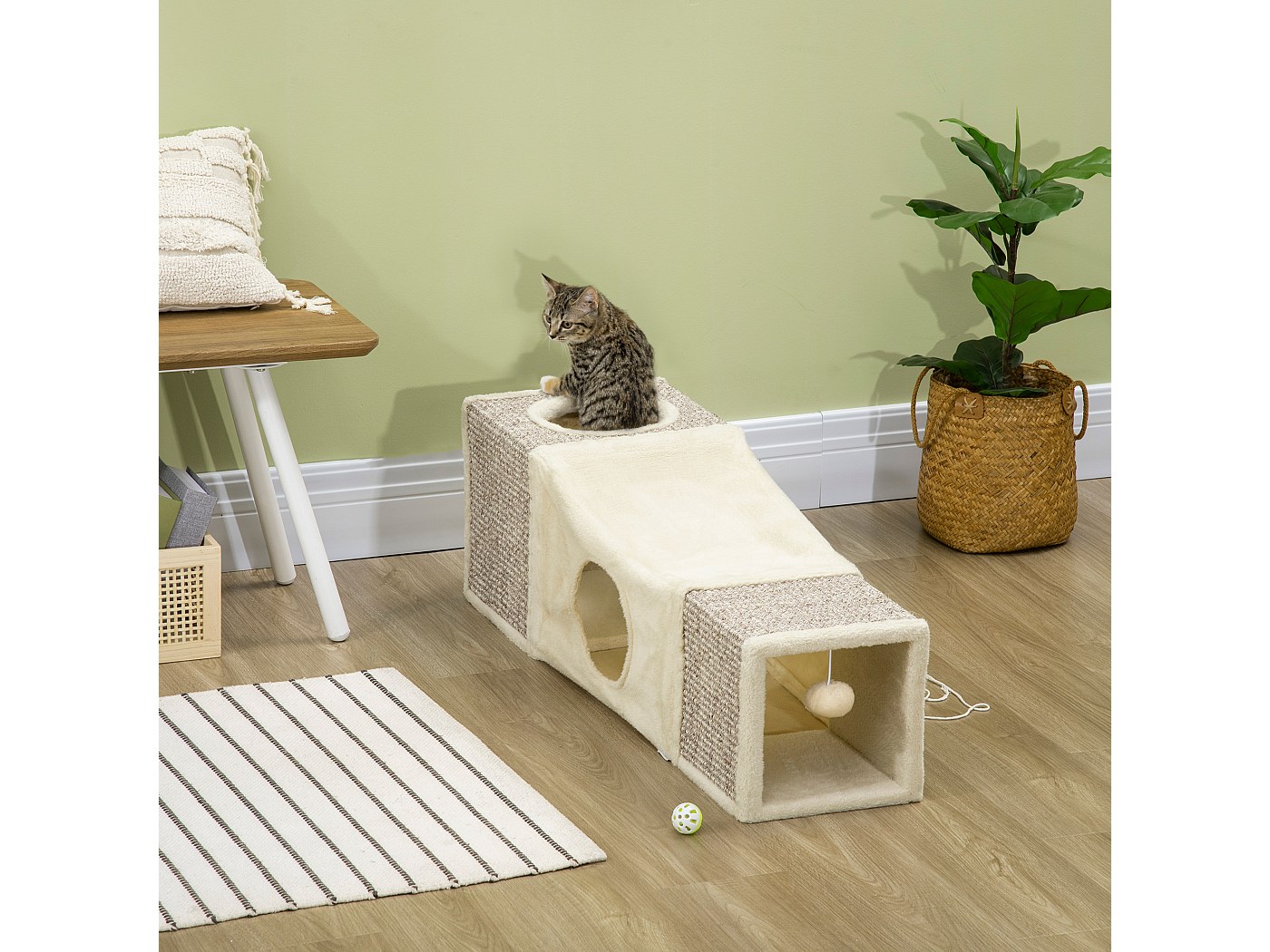 Tunnel per gatti pieghevole con pallina e tiragraffi in sisal crema