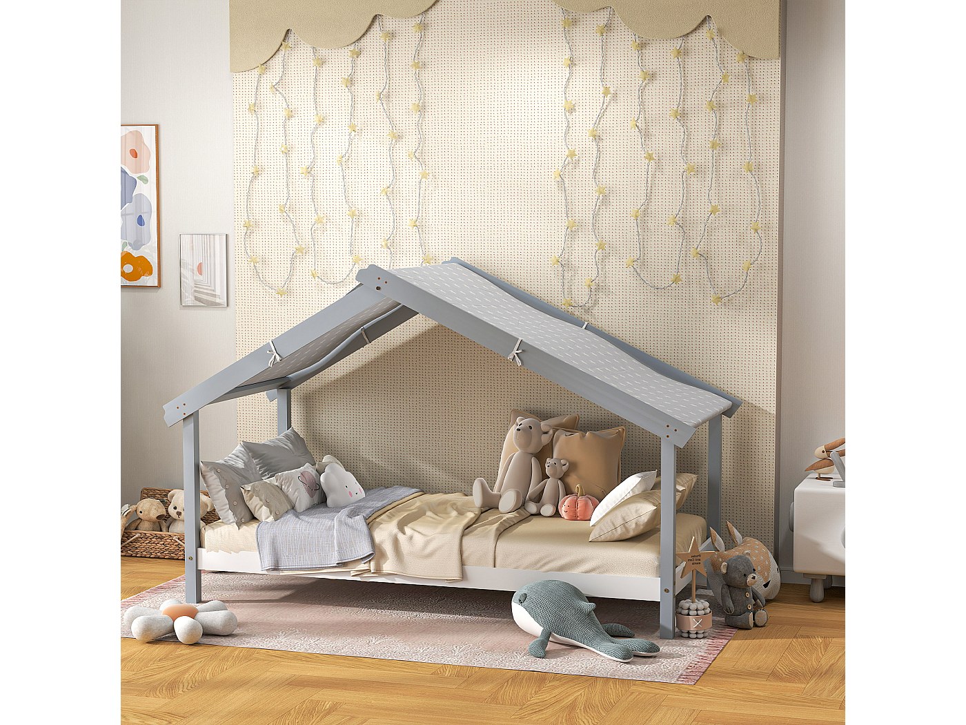 Letto per bambini a casetta in legno con 15 doghe e tettuccio grigio