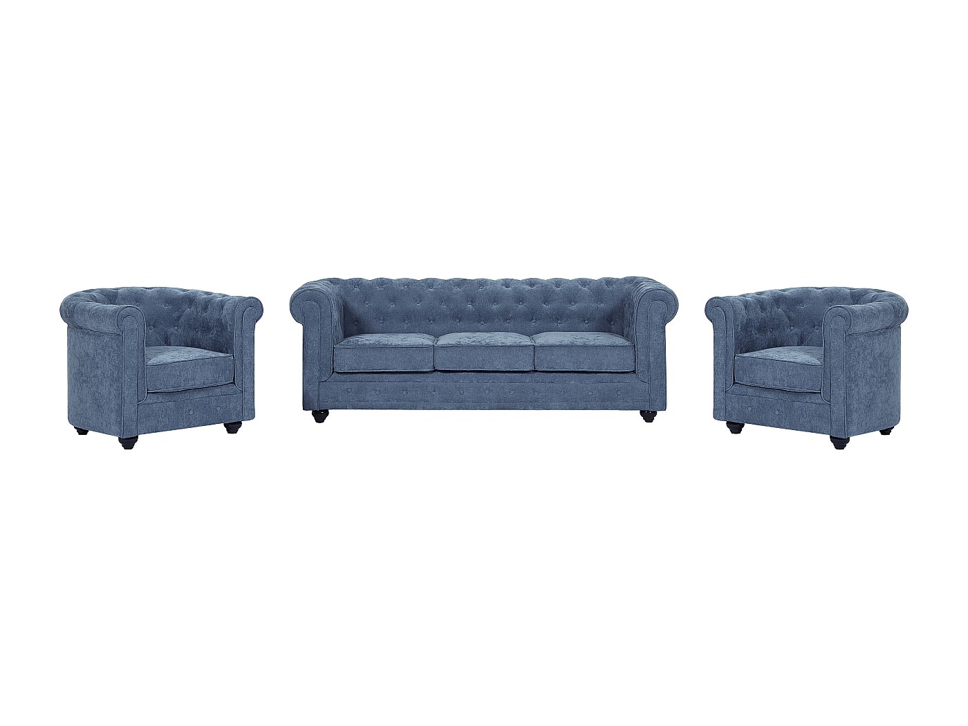 3-Sitzer-Sofa und 2 Sessel aus blauem Stoff CHESTERFIELD