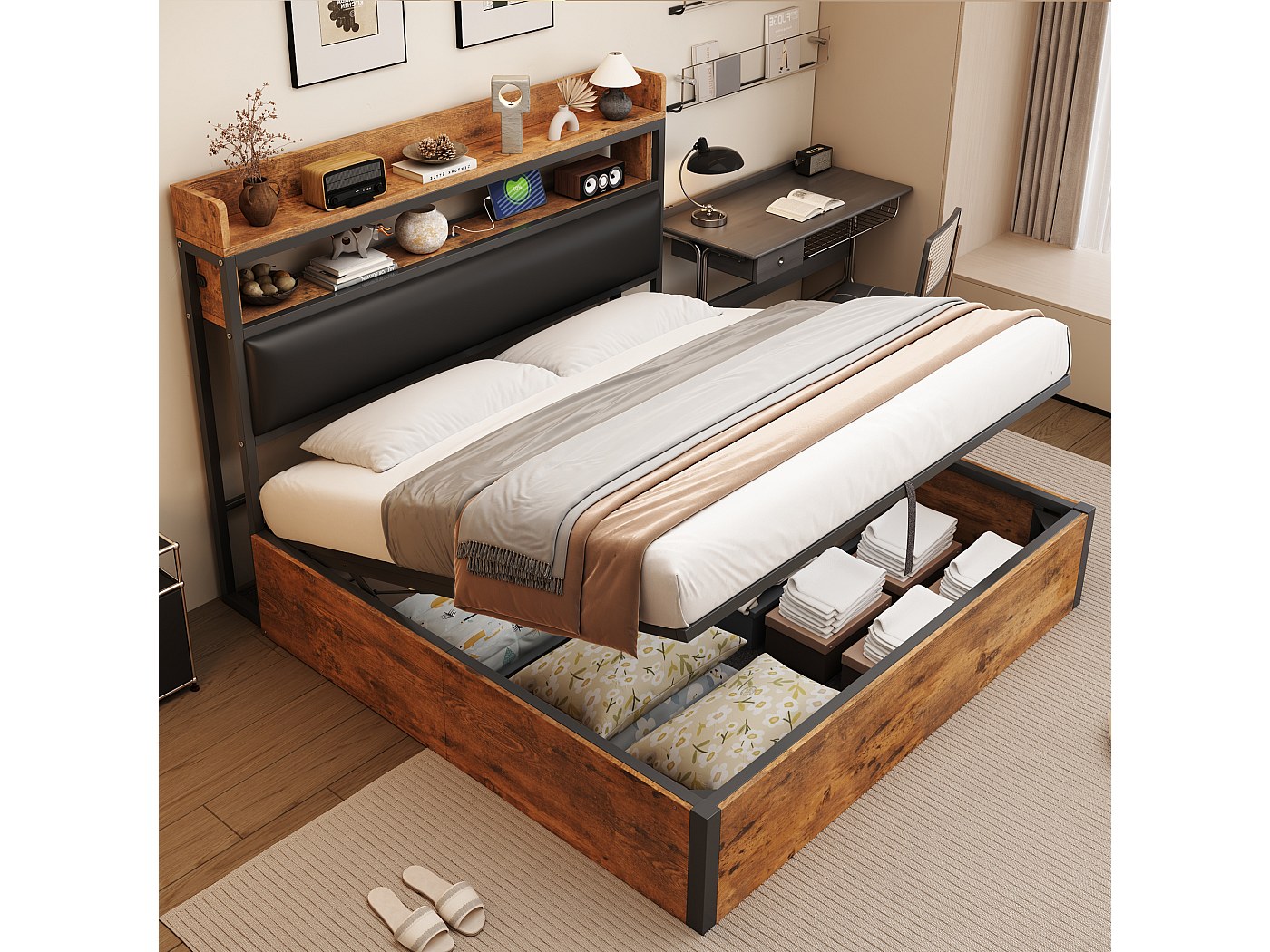 Lit double coffre bois et noir 180x200cm avec tête de lit en PU et port ...