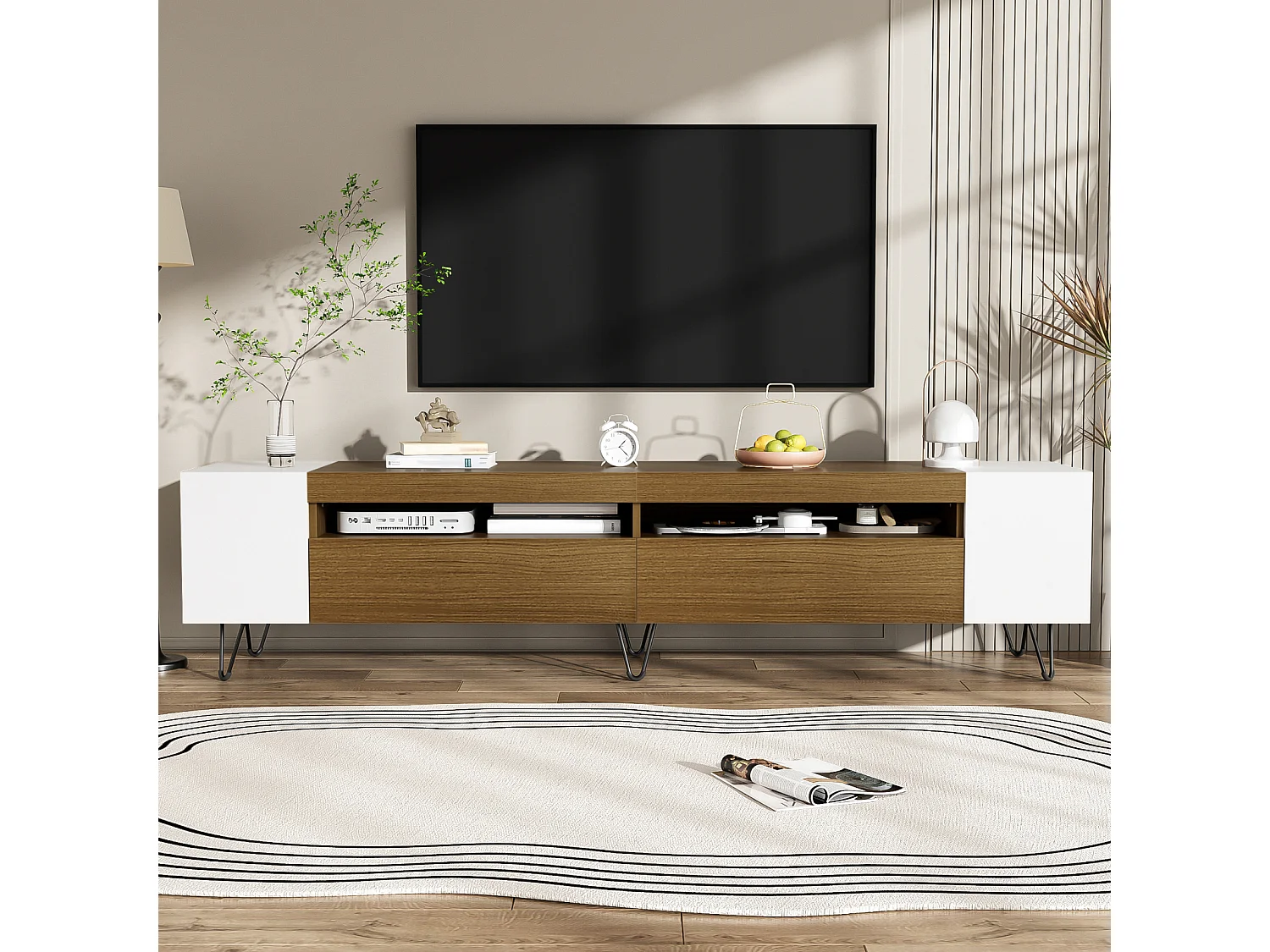 Meuble TV 180 cm, blanc et aspect bois, meuble bas moderne pour le salon