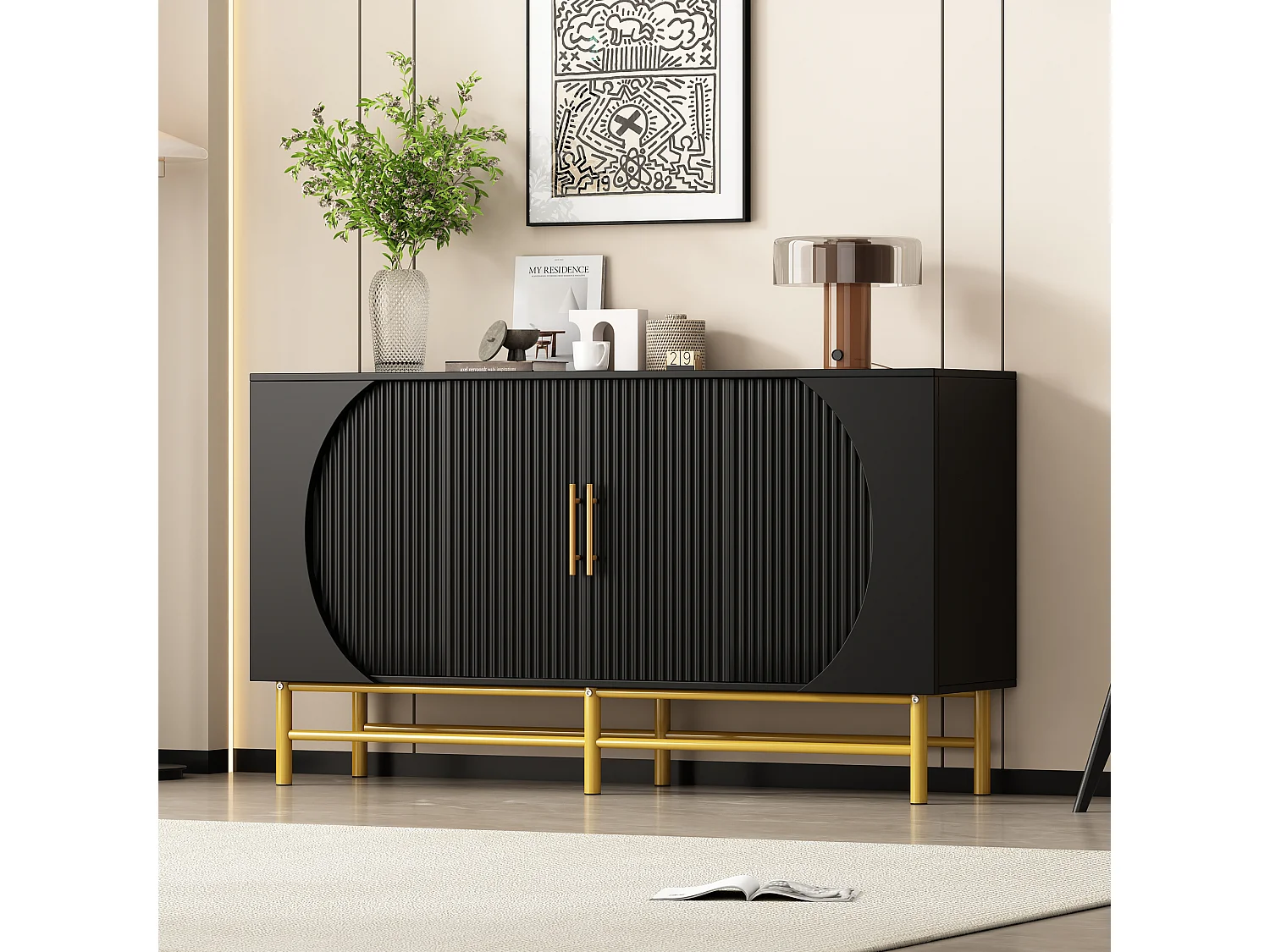 Buffet moderno a 4 porte MDF nero con ripiani regolabili e piedini in ...