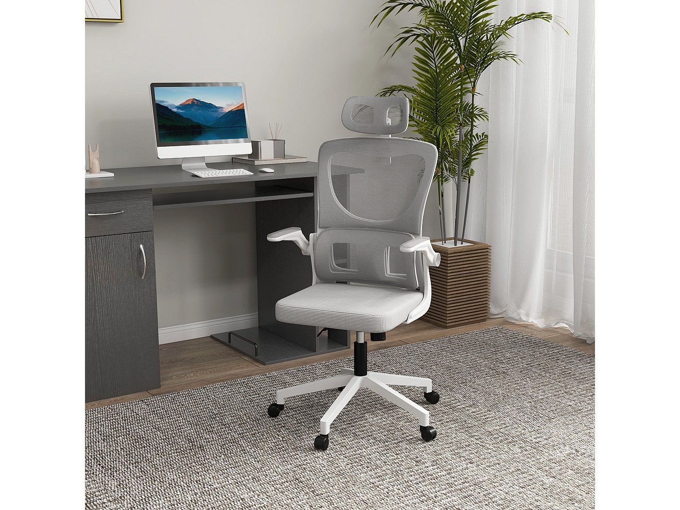 Cadeira de escritório ergonômica em malha cinza com apoio de braços ...