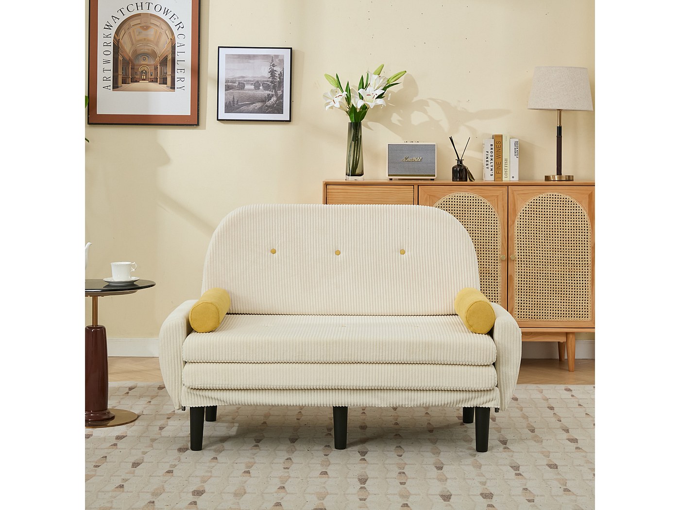 Zweisitziges Sofa aus Cord, Relaxsessel mit Stauraum, Farbe Elfenbein