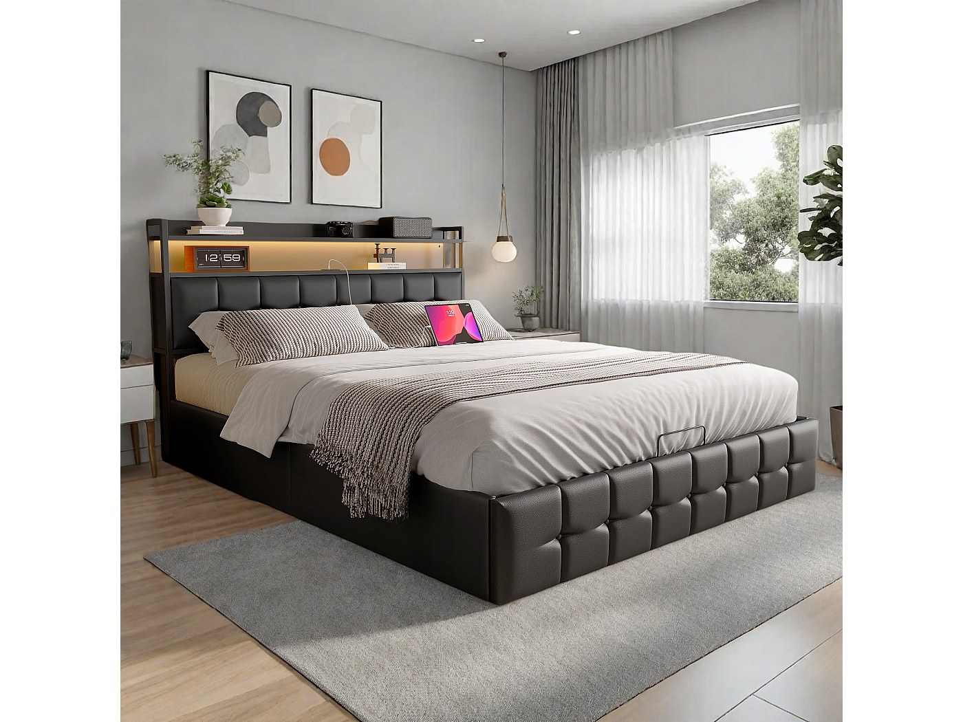 Letto contenitore 140x200 cm, con contenitore, con USB e illuminazione ...