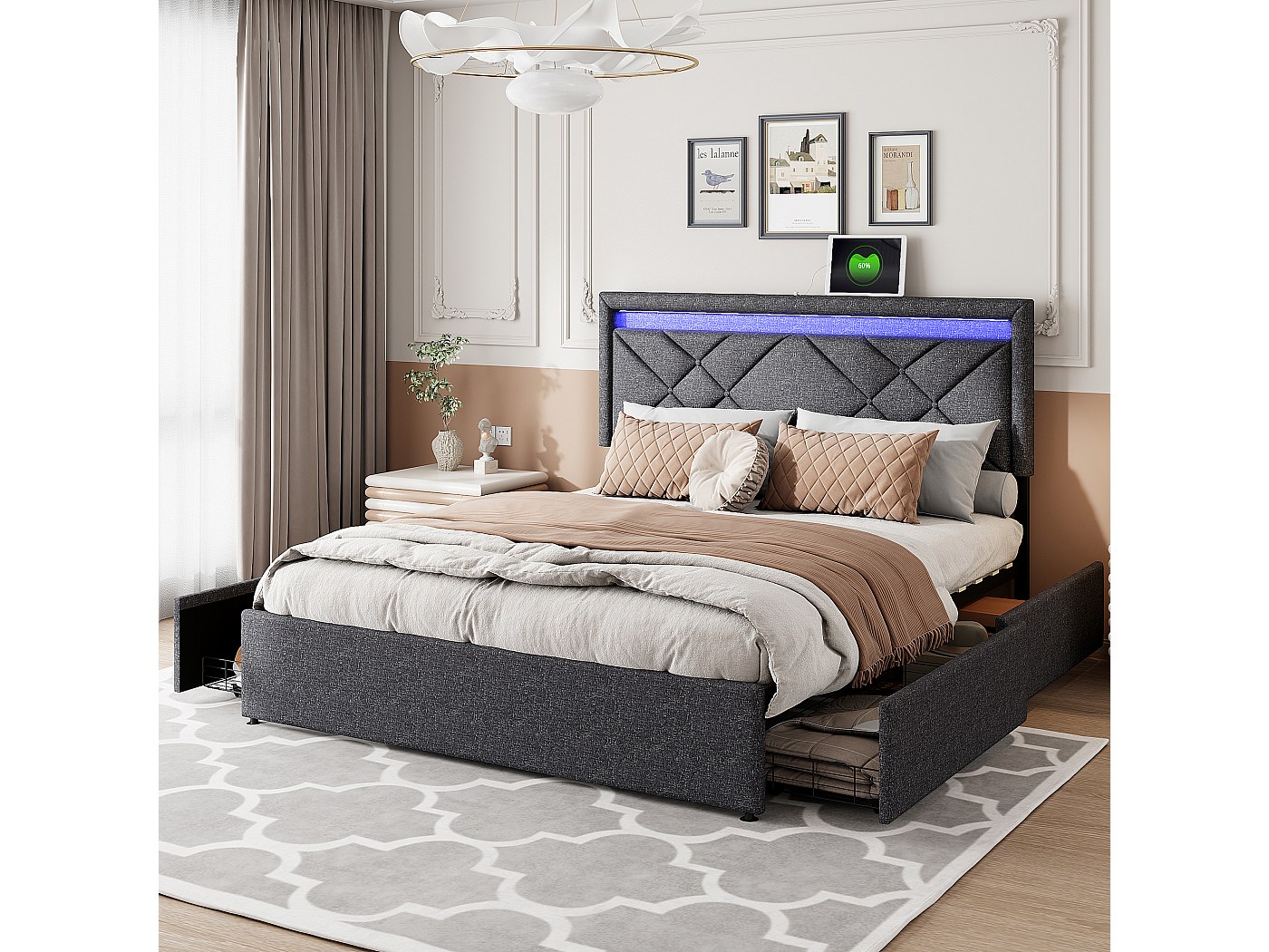 Cama de 140x200 con almacenaje, USB y Tipo C, Cama Tapizada con Somier ...
