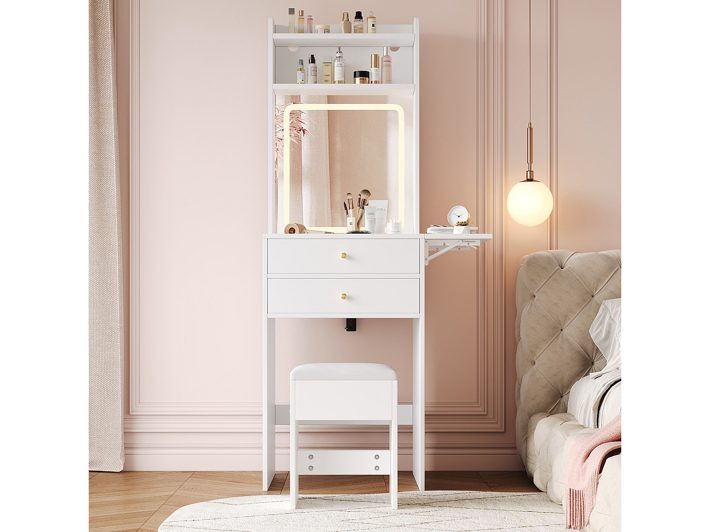 Coiffeuse avec Leds - 75 x 45 x 156 cm - avec 1 tabouret + 2 tiroirs ...