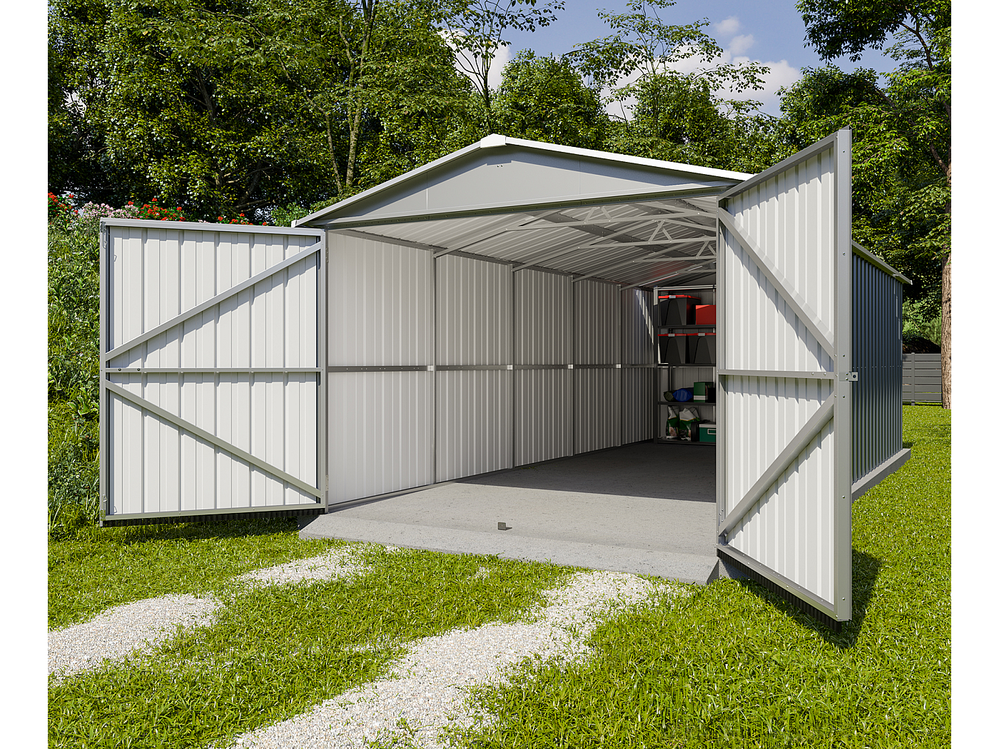 Metalen garage 19,07 m² - Dubbele deur 257 cm - Transparant dak ...