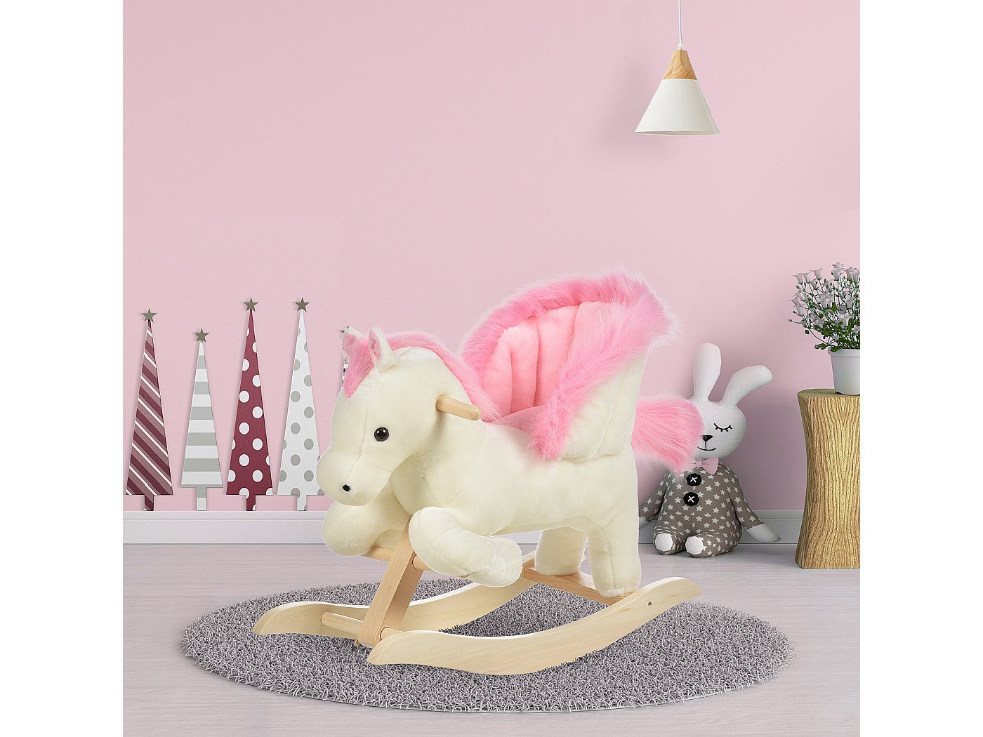 Cavallo a dondolo per bambini con suoni in legno di pioppo rosa bianco