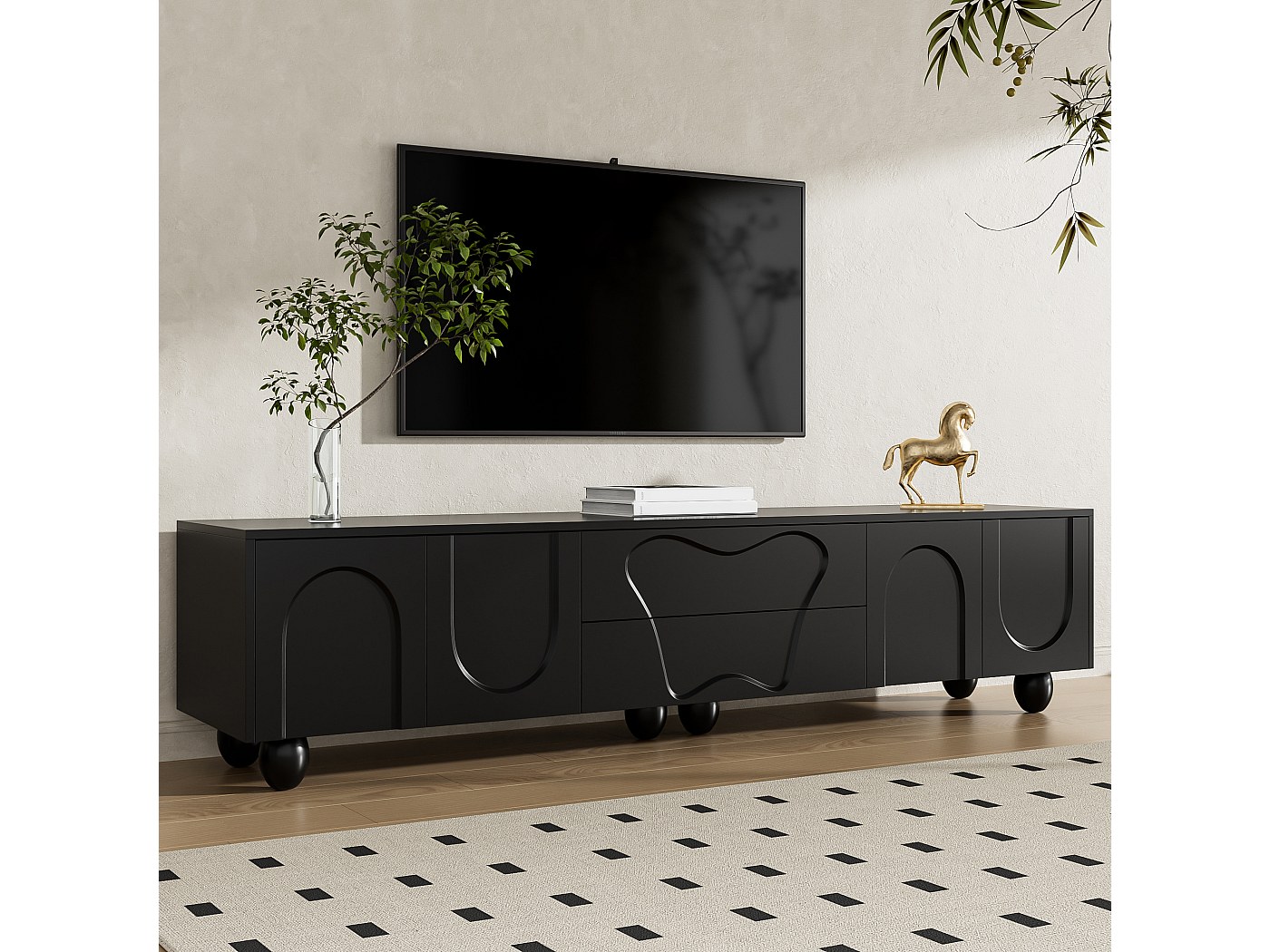 Mueble de TV negro - Mueble de TV con 2 cajones y 2 puertas - patas ...