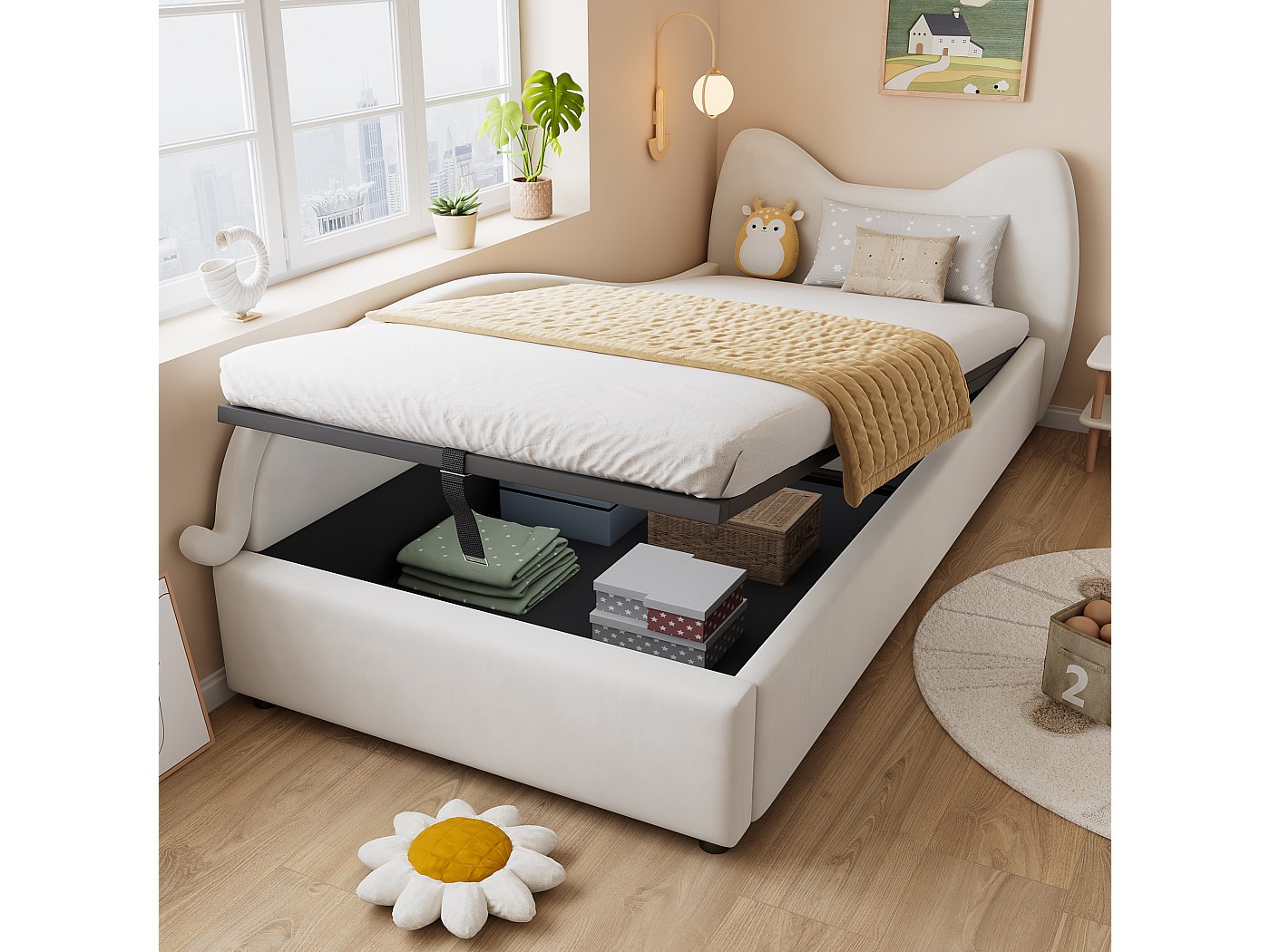 Lit coffre enfant 90x200 cm avec tête de lit rembourrée, panneau gauche ...