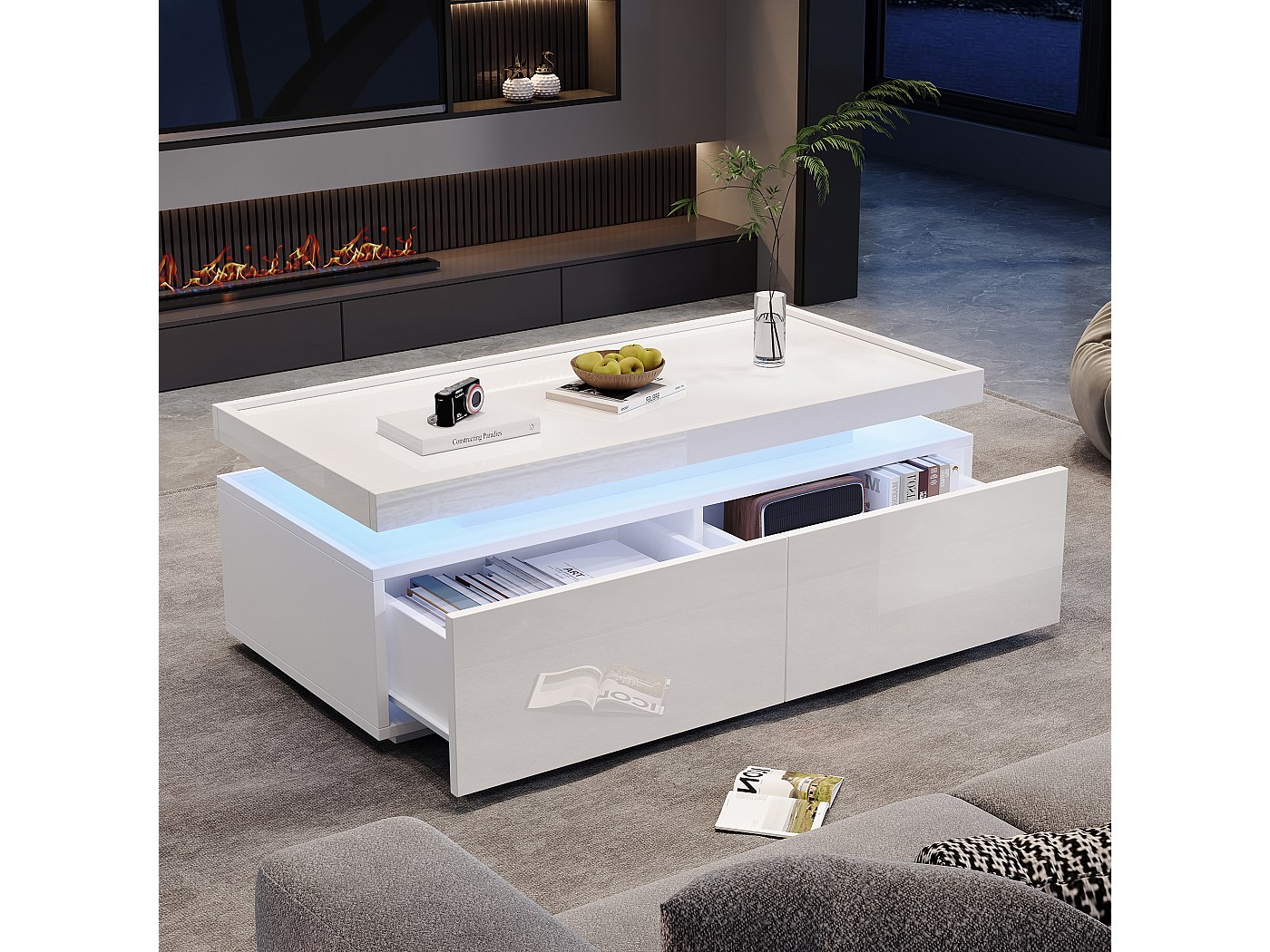 Tavolino da salotto bianco lucido con illuminazione LED e 2 cassetti ...