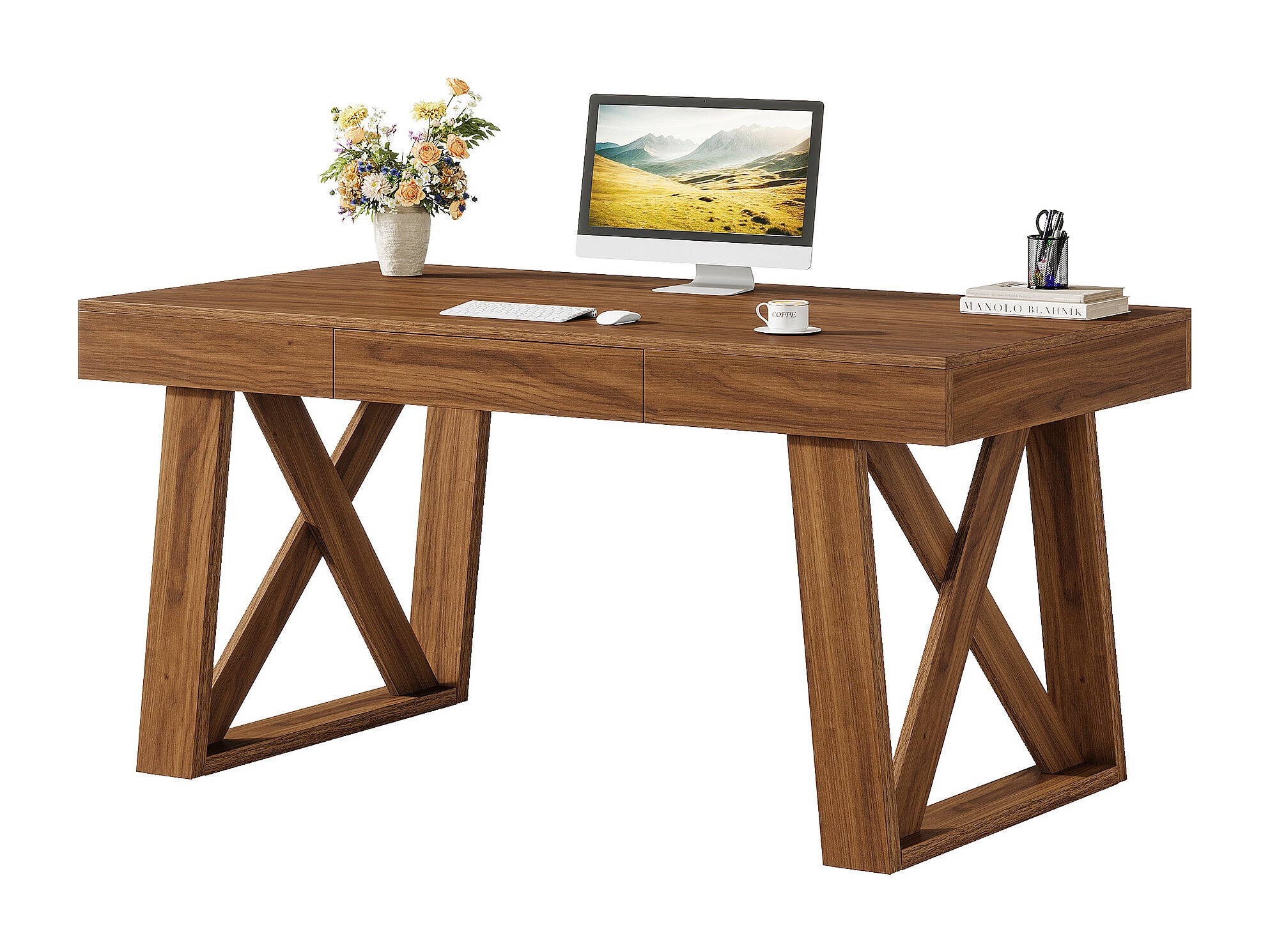 140 cm breed directiebureau met lade, retro bruin computerbureau