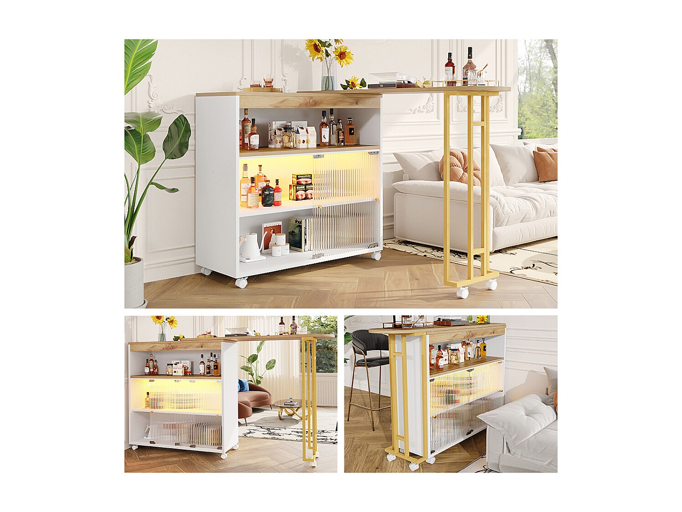 Tavolo bar allungabile MDF metallo LED bianco 138-204 cm rangement ...