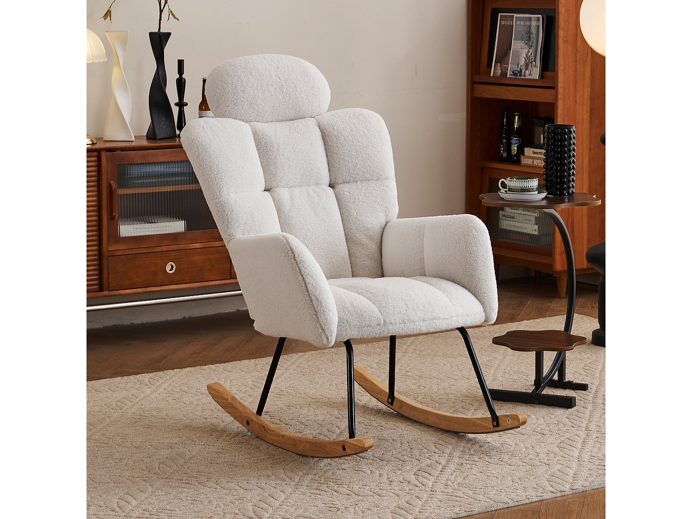 Rocking chair en tissu Teddy blanc avec appui-tête, structure en métal ...