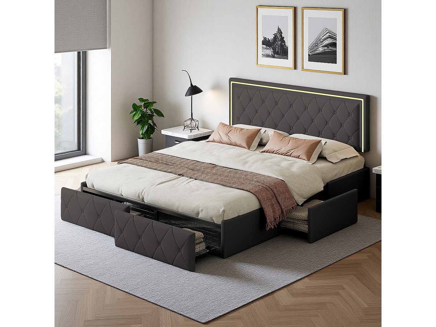 Lit double rembourré gris, 160 x 200 cm, avec éclairage LED, 4 tiroirs ...