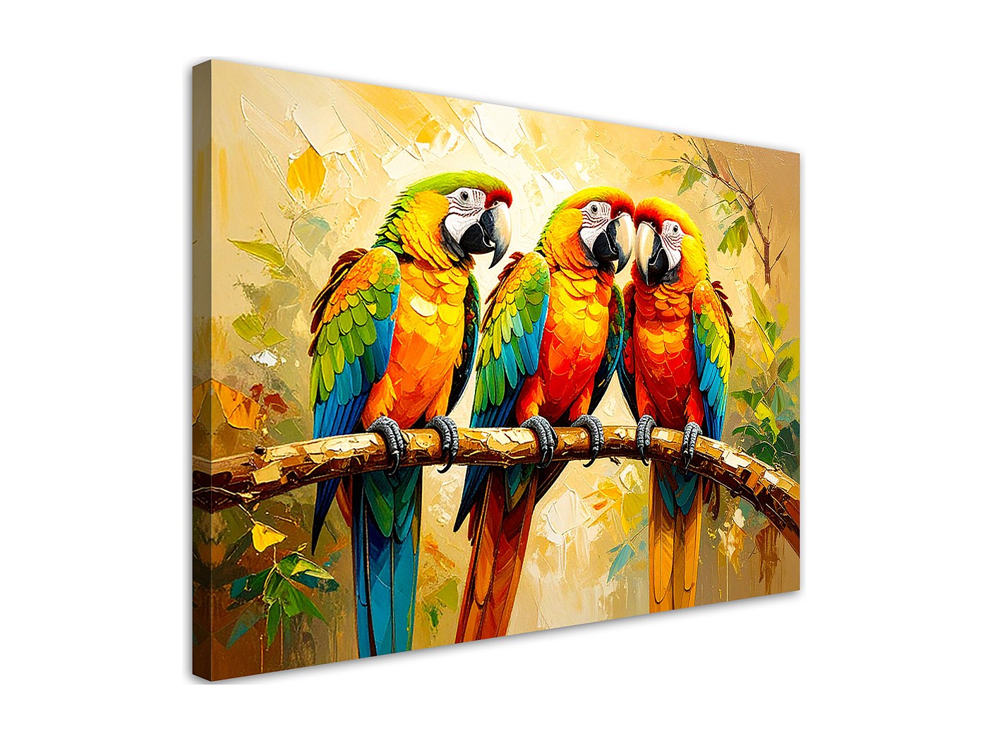 Quadro su tela, Pappagalli colorati su un ramo - 60x40