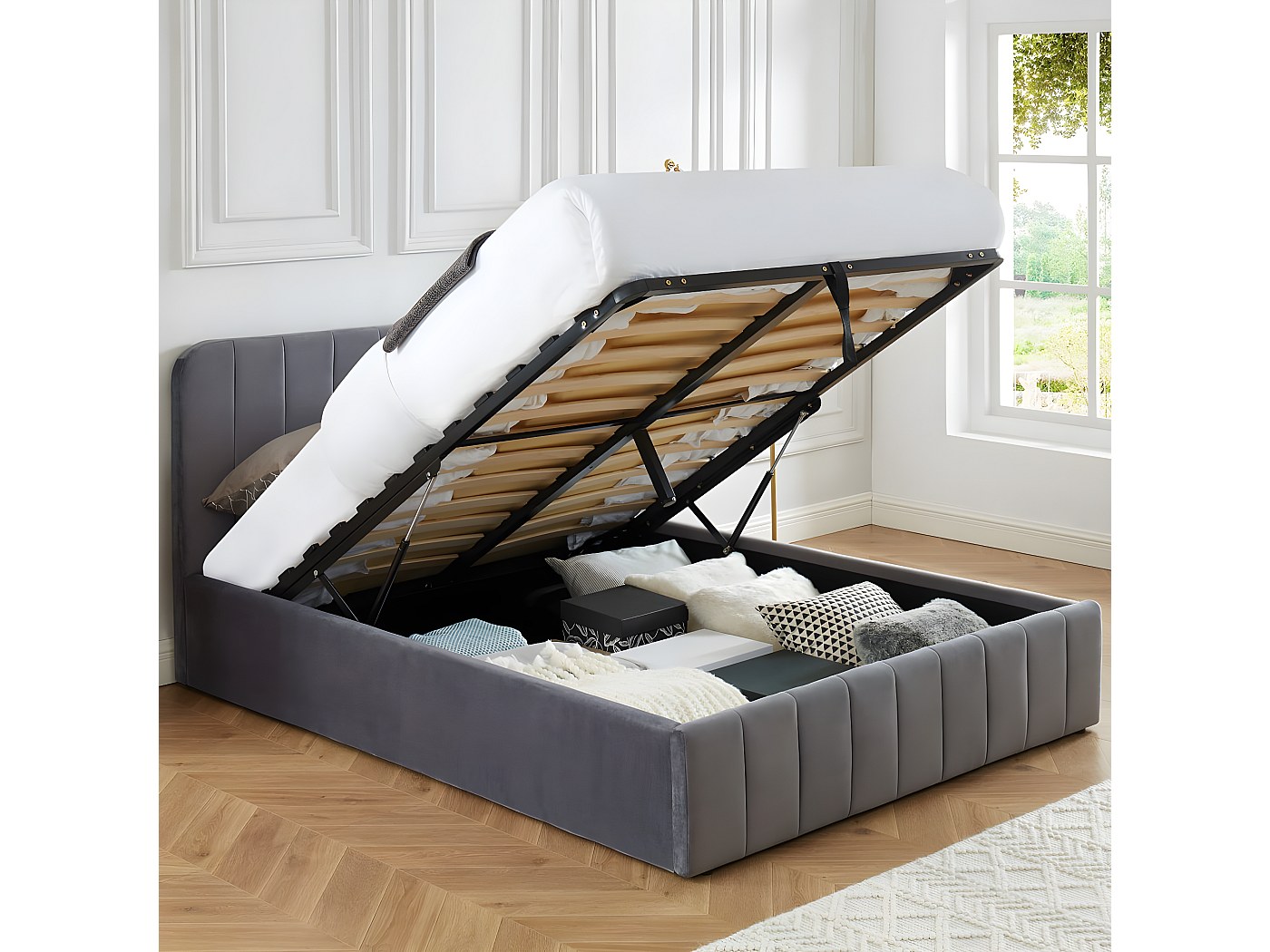 Lit coffre 140x190cm en velours gris anthracite avec tête de lit ...