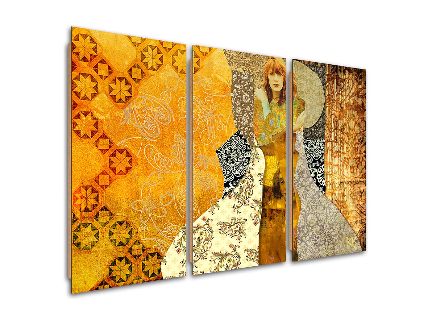 Quadro deco panel 3 paneli, Una donna su uno sfondo decorativo - 60x40
