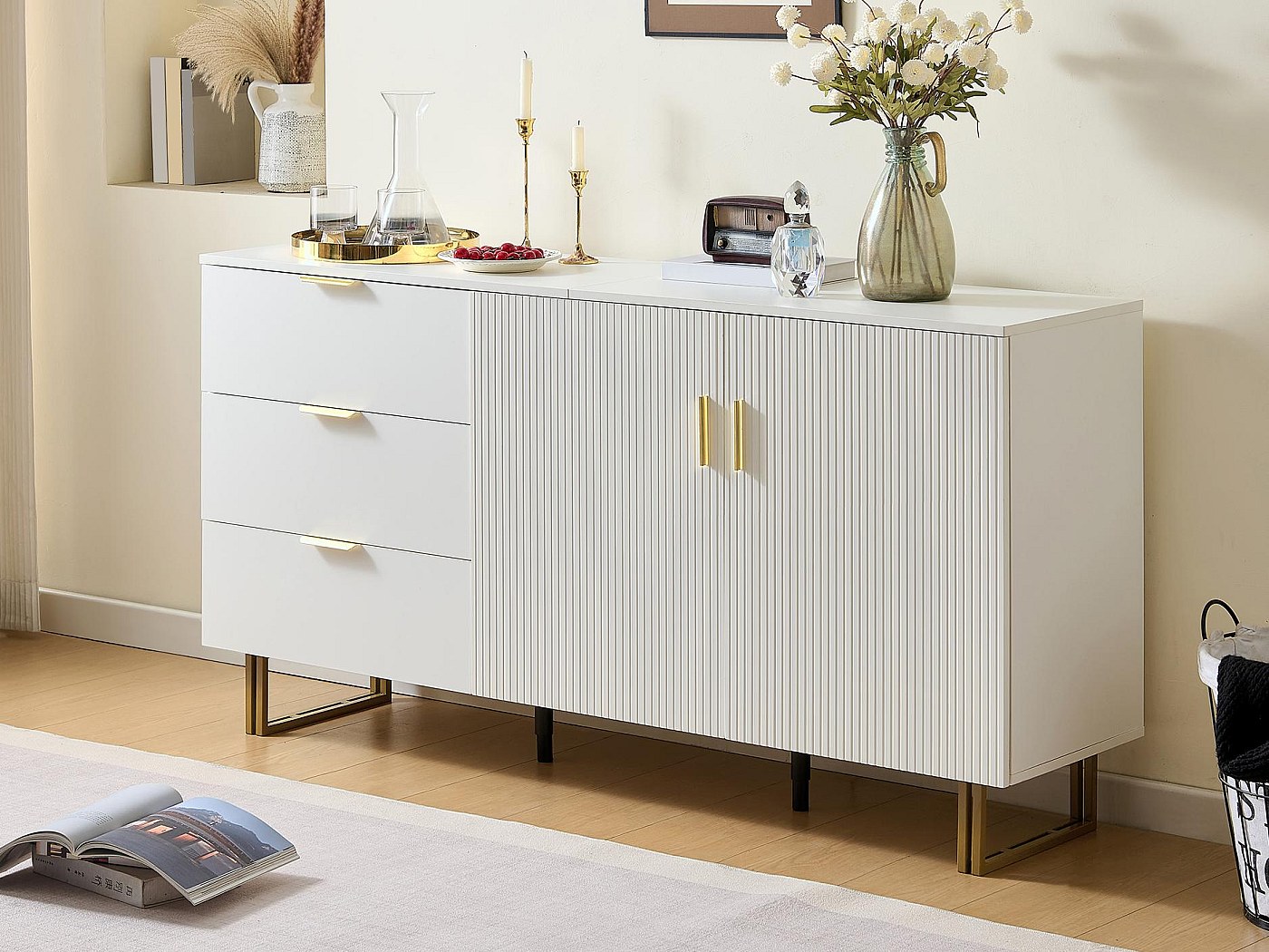 Buffet moderne 160x40x81,5 cm - avec 2 portes 3 tiroirs - Pieds en ...