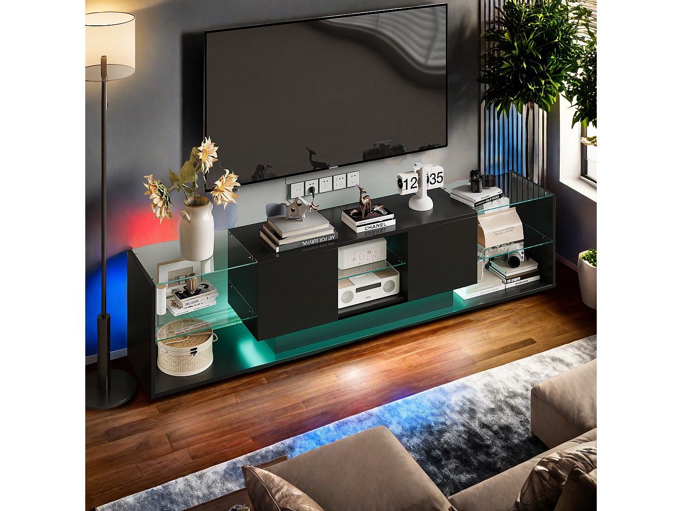 LED-tv-meubel, 200 cm tv-meubel, tv-meubel met LED-opbergruimte, tv ...