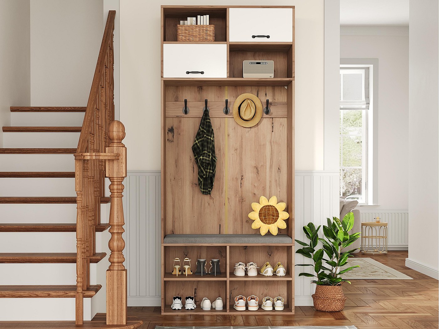Moderne Garderobe 80x30x185 cm - mit 5 Haken und 2 Türen - 6 offene ...