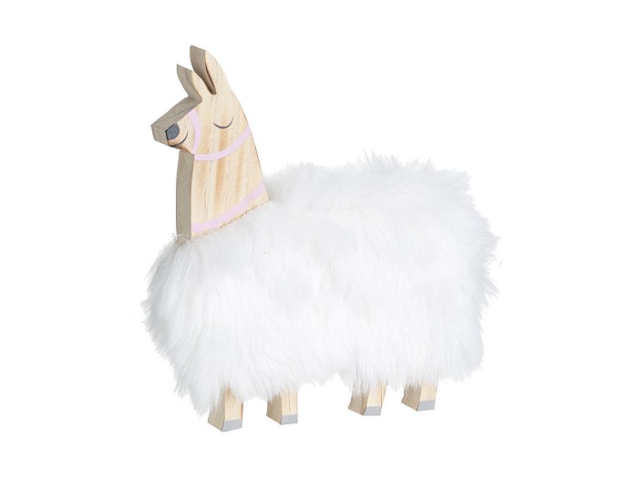 Déco de Noël Lama en Bois et Fourrure Blanche H 18 cm