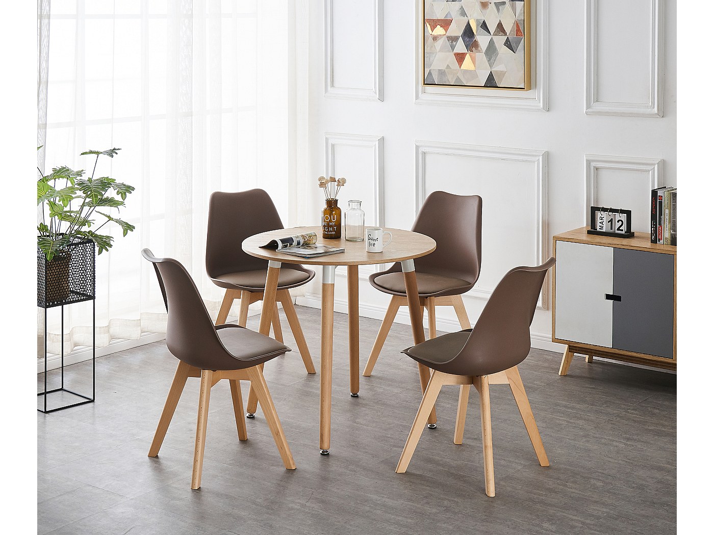 Table Ronde Effet Chêne + 4 Chaises Scandinaves Marron - Ensemble pour ...