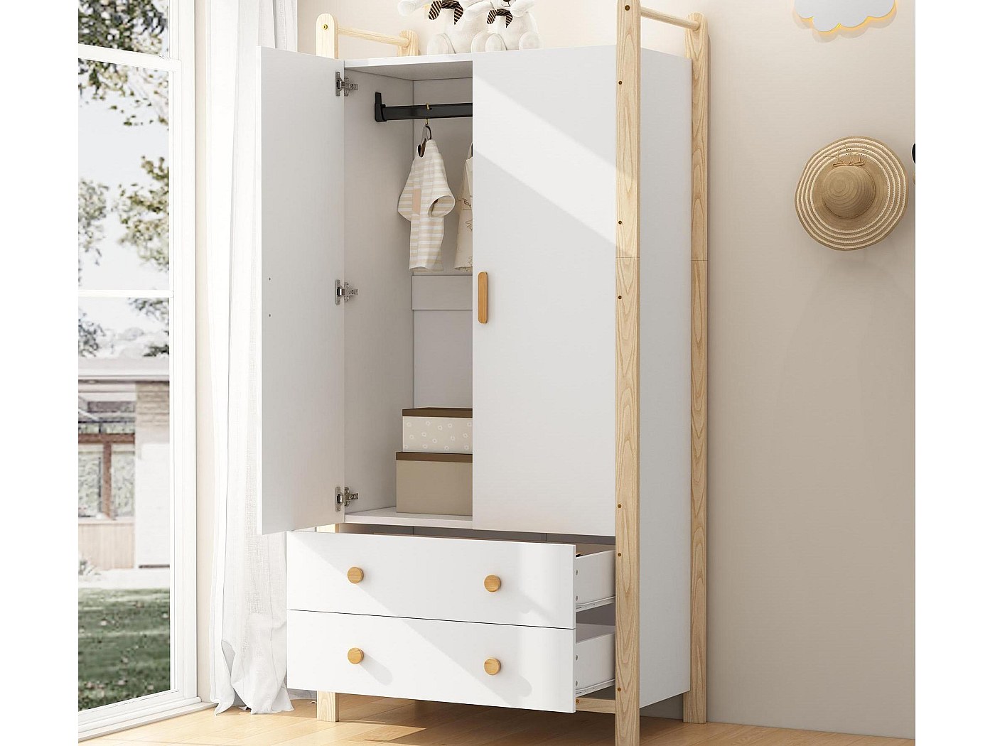 Armadio bambini 89.6x44x180.5 cm - 2 cassetti e 2 ante - 1 stanga per ...