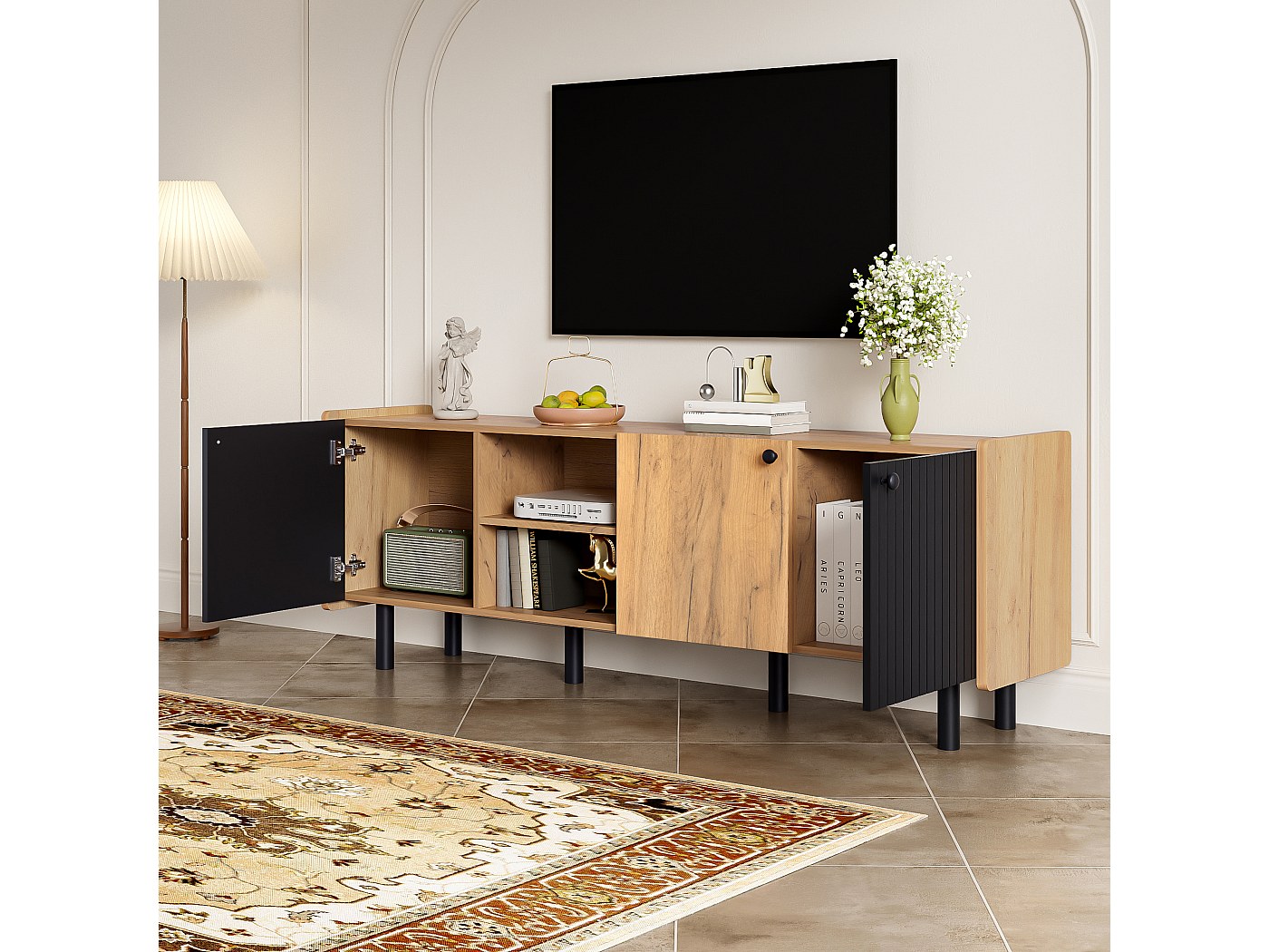 Móvel TV 160 cm preto e madeira, estilo moderno com três portas e dois ...