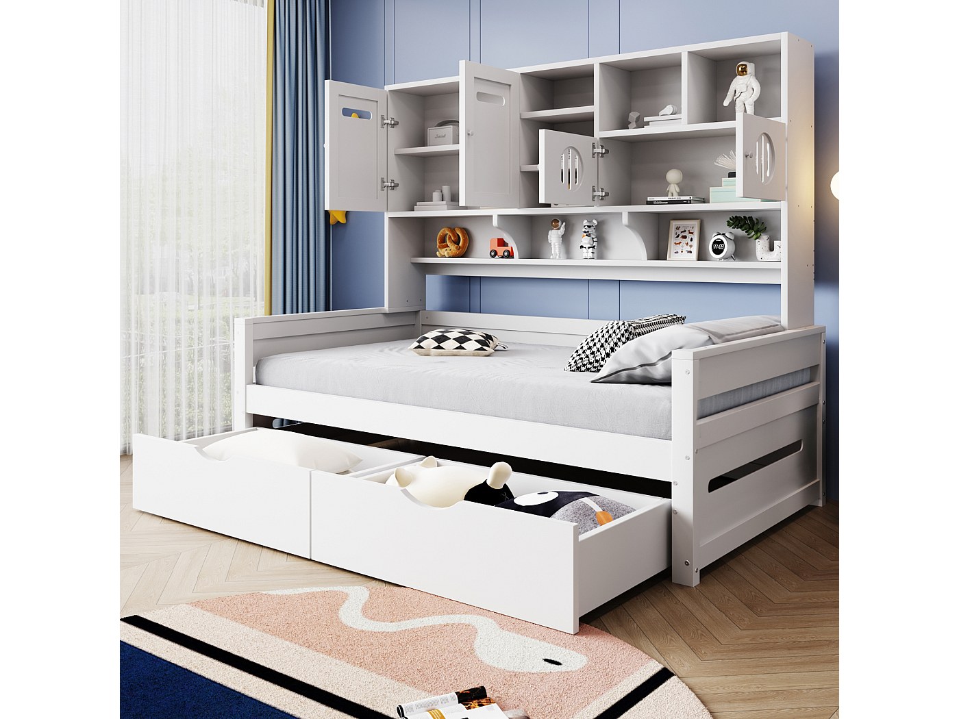 Lit banquette simple en bois blanc 90x200cm avec 2 tiroirs, 4 portes et ...