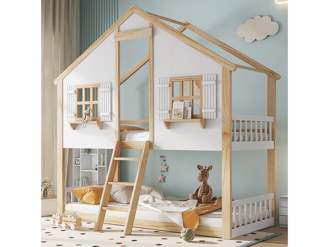 Kinderstapelbed - 2 x 90 x 200 cm - met ramen en dak + lattenbodems ...