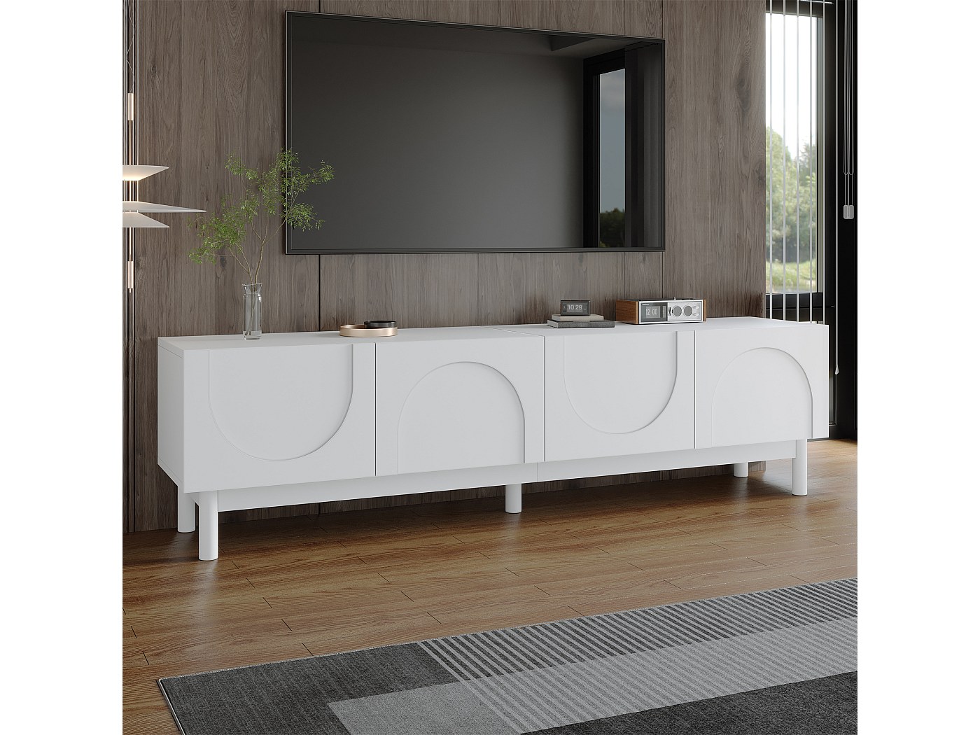 Witte tv-kast - 4-deurs tv-kast met massief houten poten - greeploos design