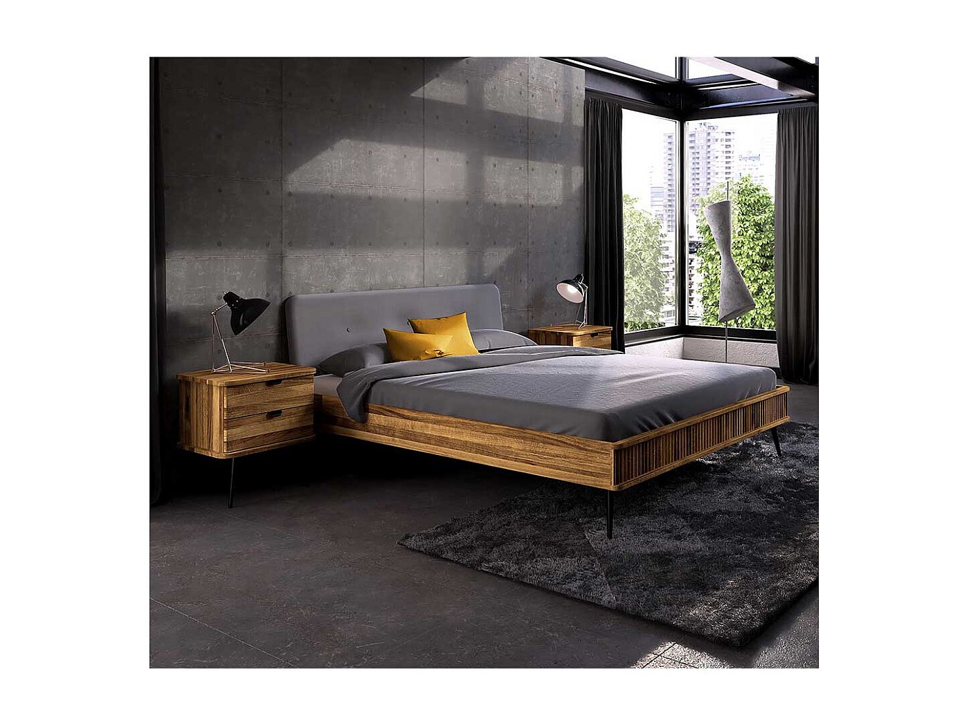 Bett Wildeiche mit Polsterkopfteil in modernem Design 41 cm Einstiegsh he