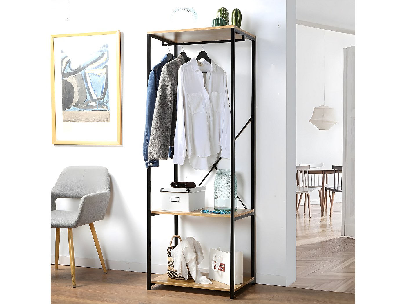 Armario con perchero y 3 estantes L60 cm - Efecto roble