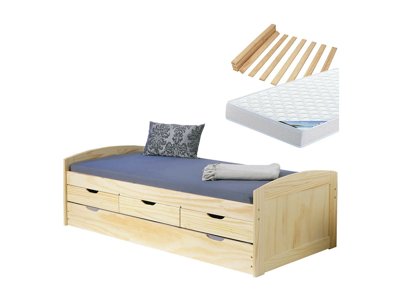 OLIVER - Pack Lit à Tiroirs 90x200 + 1 Matelas Ibiza