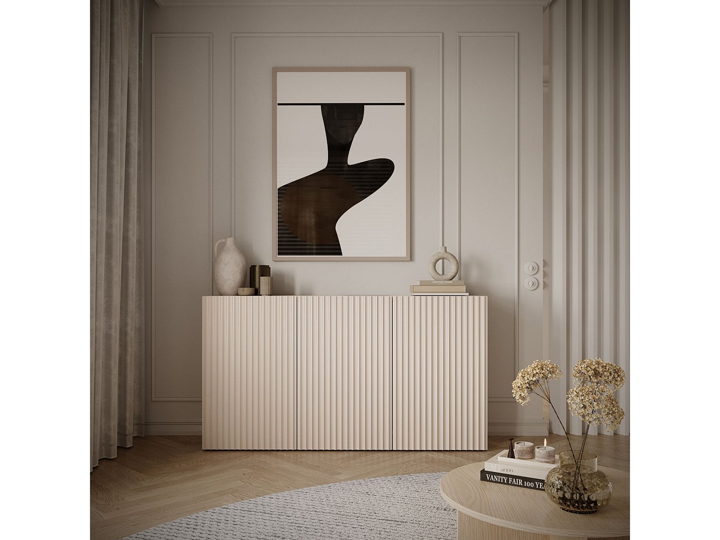 Buffet avec façades à lamelles – 3 portes – beige cachemire – 150 cm ...
