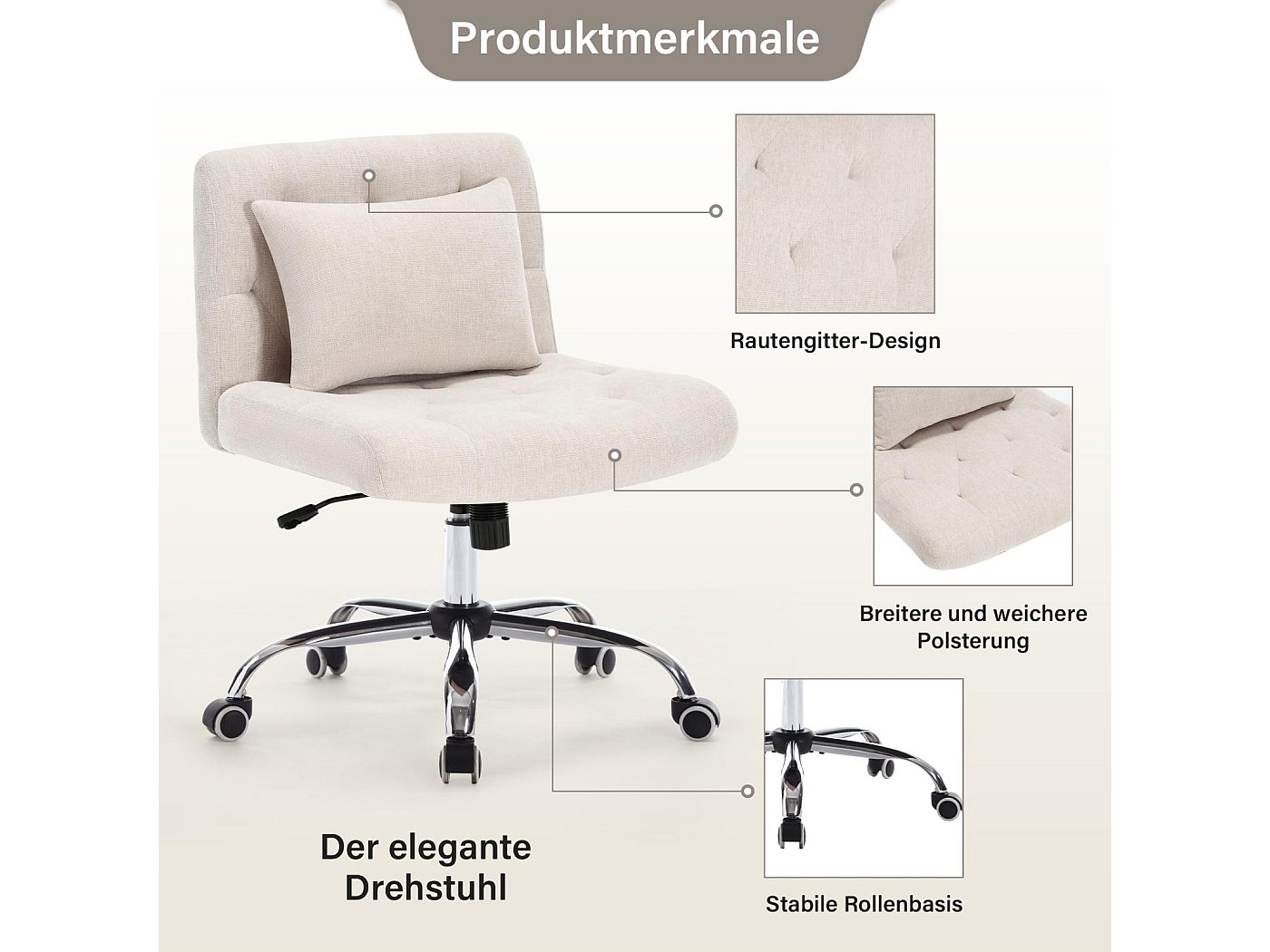 Silla de oficina giratoria de lino sin brazos con cojín lumbar, asiento ...