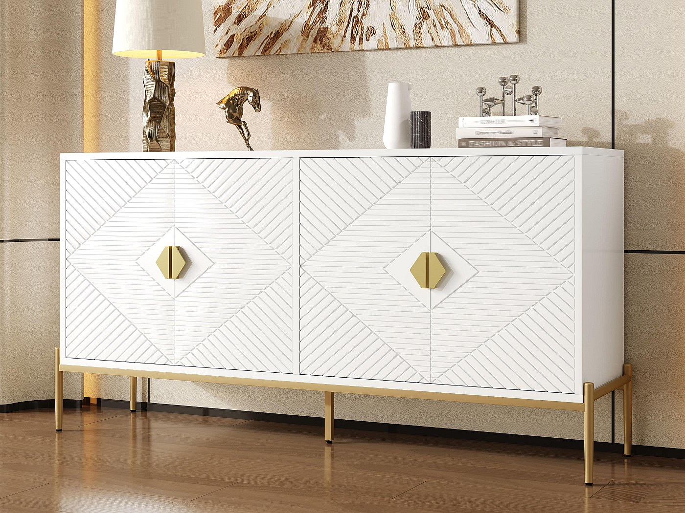 Buffet moderne 162x40x80 cm - avec 4 portes - Pieds en métal - MDF ...