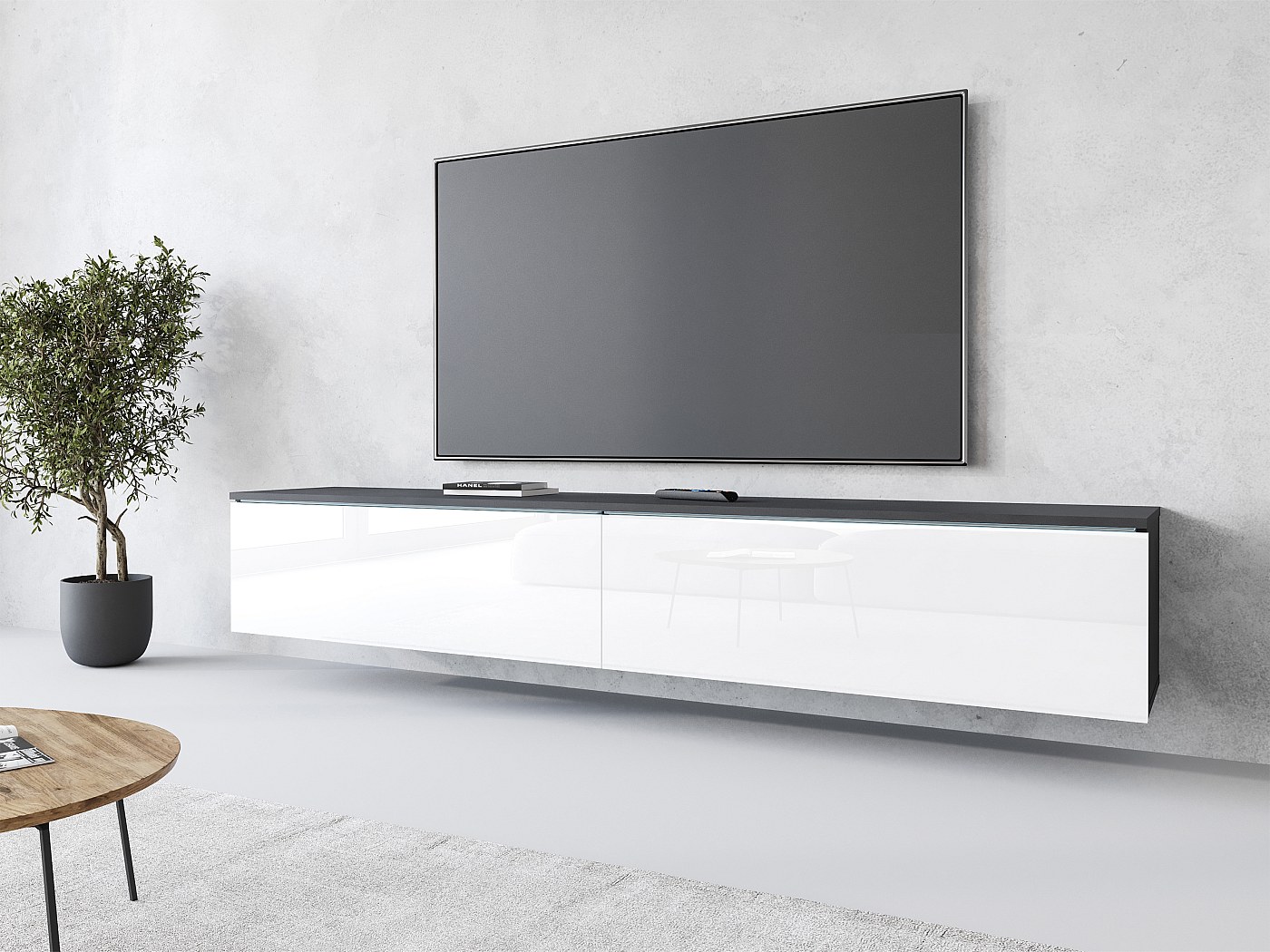 Nowoczesna szafka RTV 180 cm do salonu z LED – 2-drzwiowa, bezuchwytowa ...
