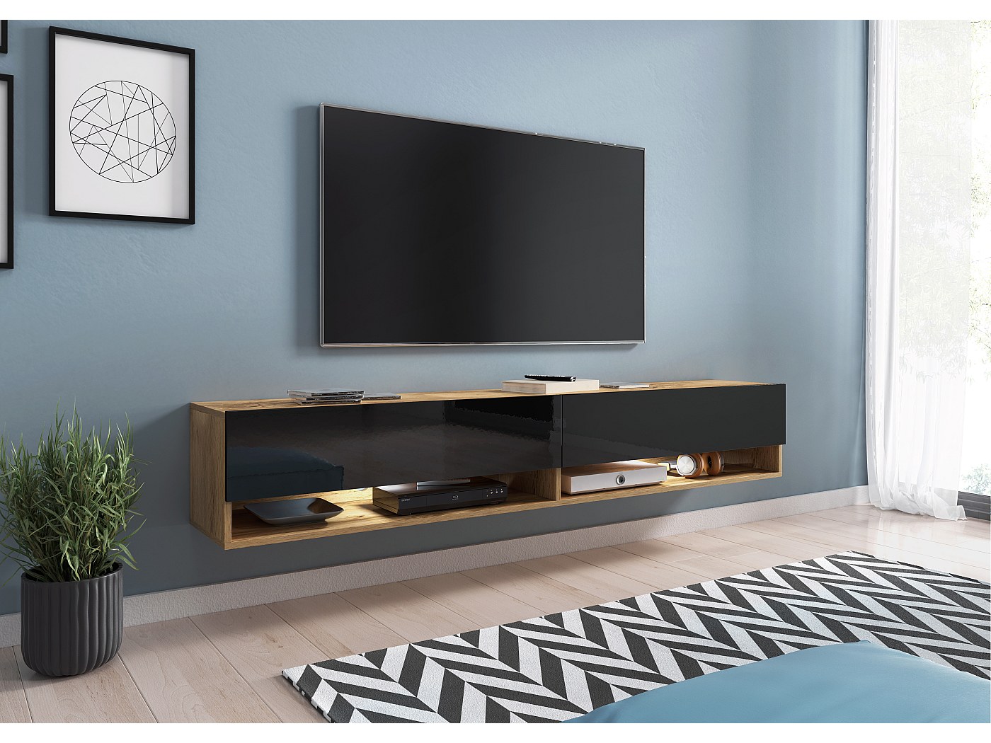 Móvel de TV moderno 180 cm com LED sem puxadores – corpo carvalho Wotan ...