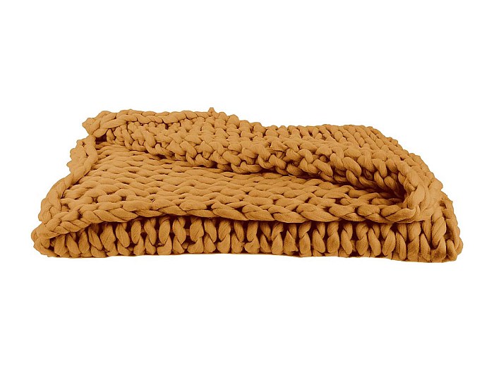 Plaid Chunky 120x150cm Grosse Maille Tressée Coloris Ocre - LOTOV