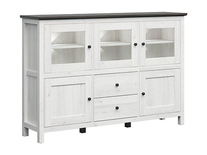 Aparador 2 gavetas Duck branco com pátina e madeira escura 126cm